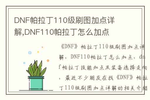 DNF帕拉丁110级刷图加点详解,DNF110帕拉丁怎么加点-兔宝宝游戏网